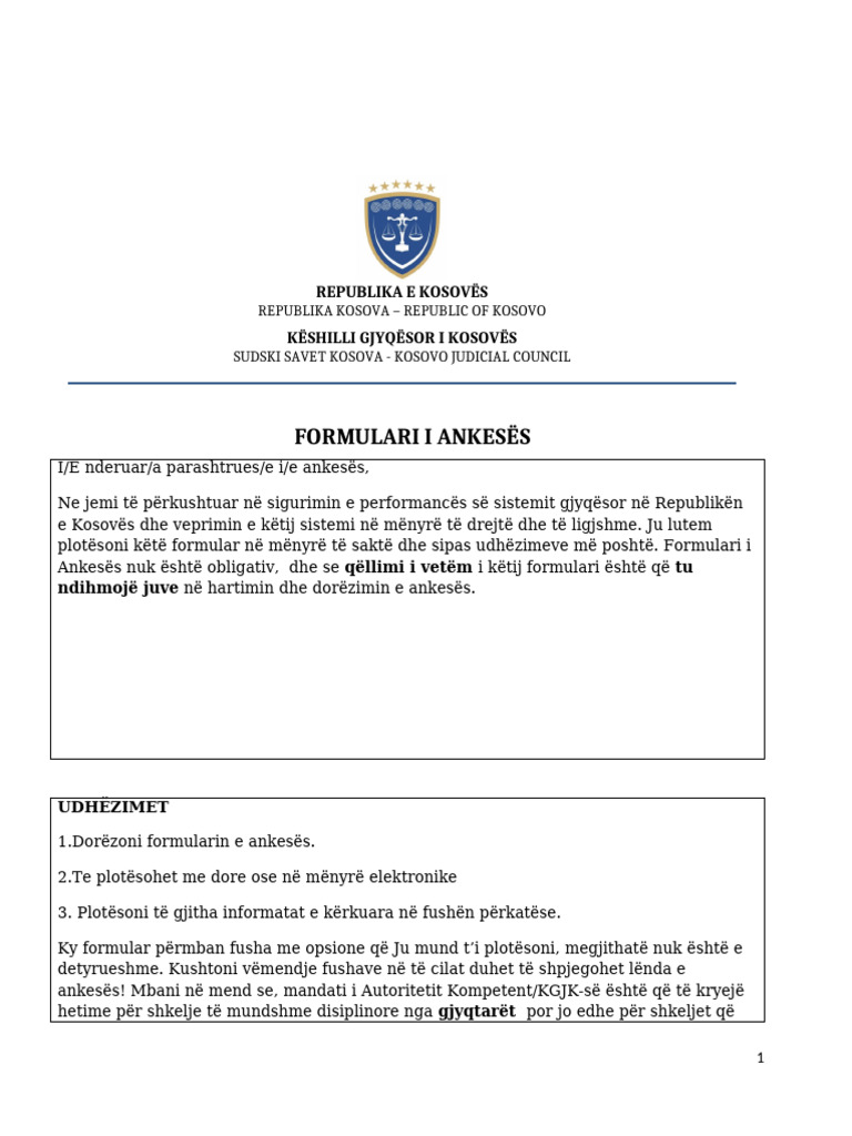 Formolari I Ankesës Për Gjyqtar Dhe Prokuror Në 2019 | PDF