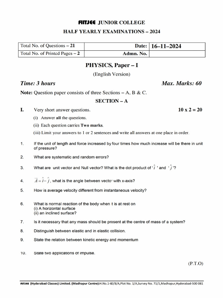 PHYSICS (Half Yearly) 16-11-2024 (MDP-Juniors) | PDF