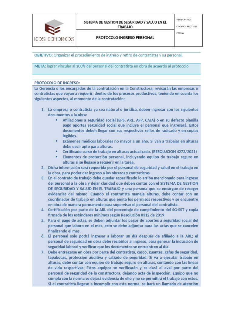 Protocolo Ingreso de Contratistas | PDF
