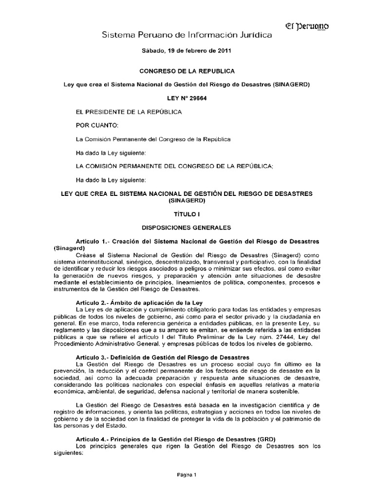 Ley Que Crea El Sistema Nacional de Gestion Del Riesgo de Desastres ...