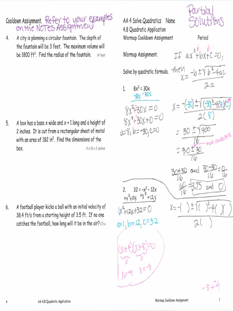 4.8 Warm Up Cool Down Partial Solutions | PDF