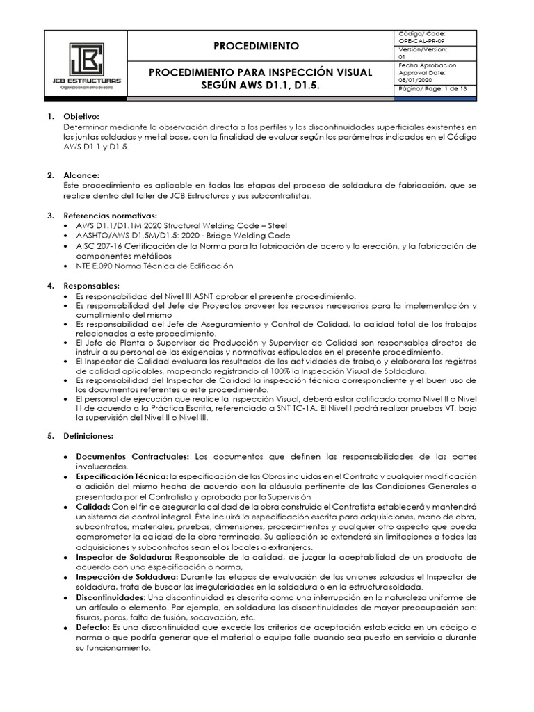 Procedimiento Inspeccion Visual de Soldadura | PDF | Soldadura ...