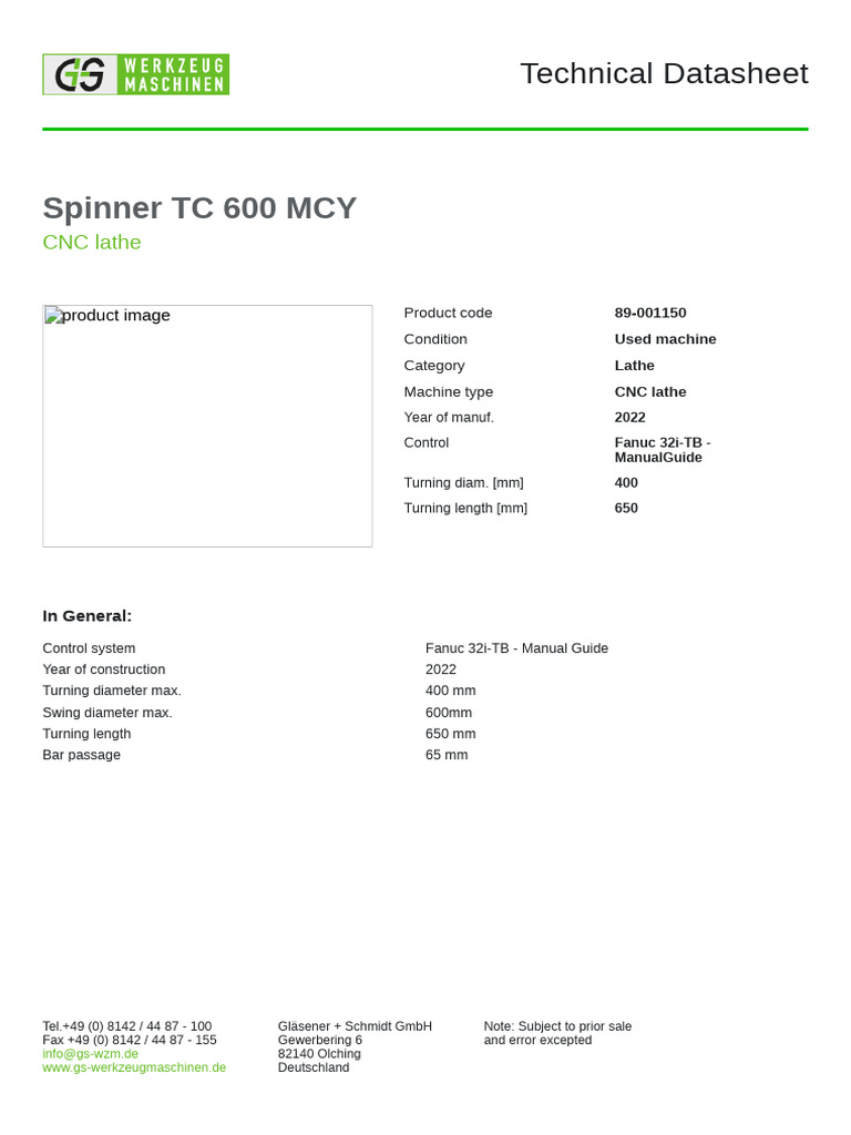 Spinner TC 600 MCY Technical Data Sheet | PDF | Machines | Industrial ...