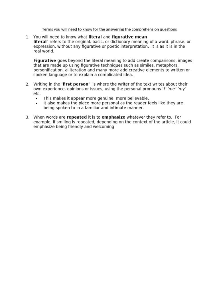 Comprehension Terms for Students | PDF
