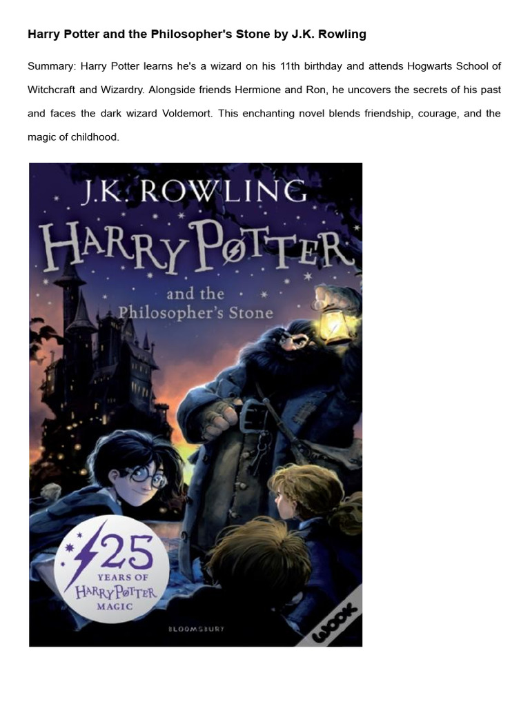 Summary of Harry Potter and The Philosopher's Stone by J.K. Rowling | PDF