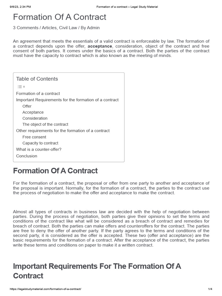 Contract Formation Essentials | PDF | Offer And Acceptance | Consideration