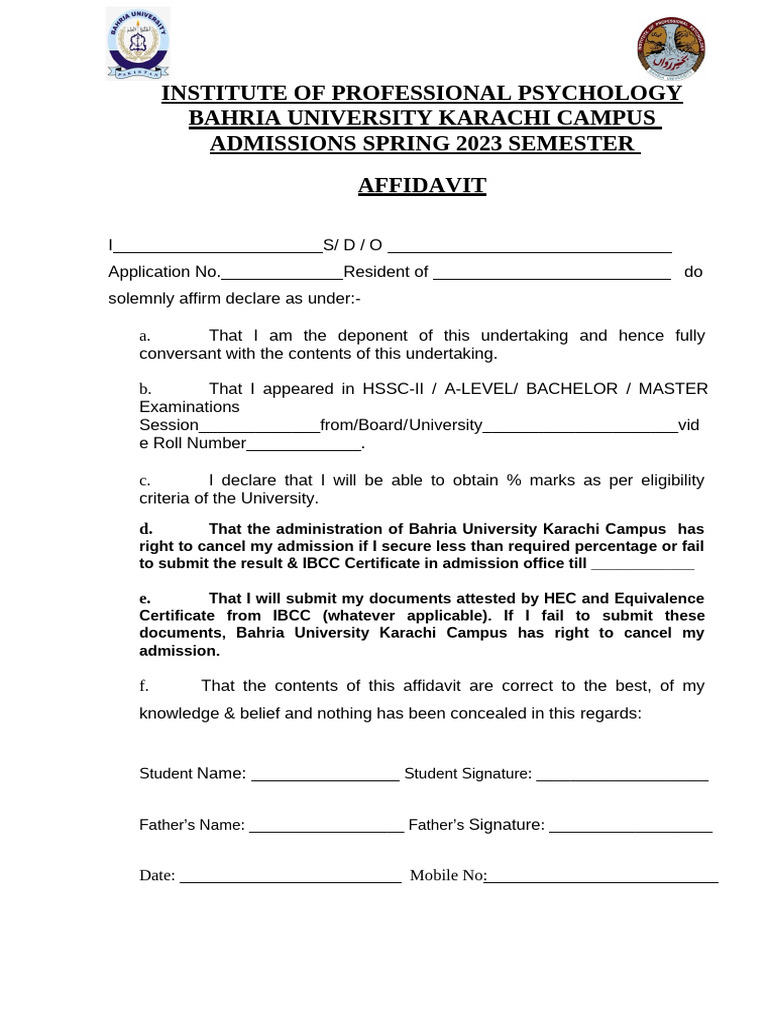 Bahria University Spring 2023 Admission Affidavit | PDF