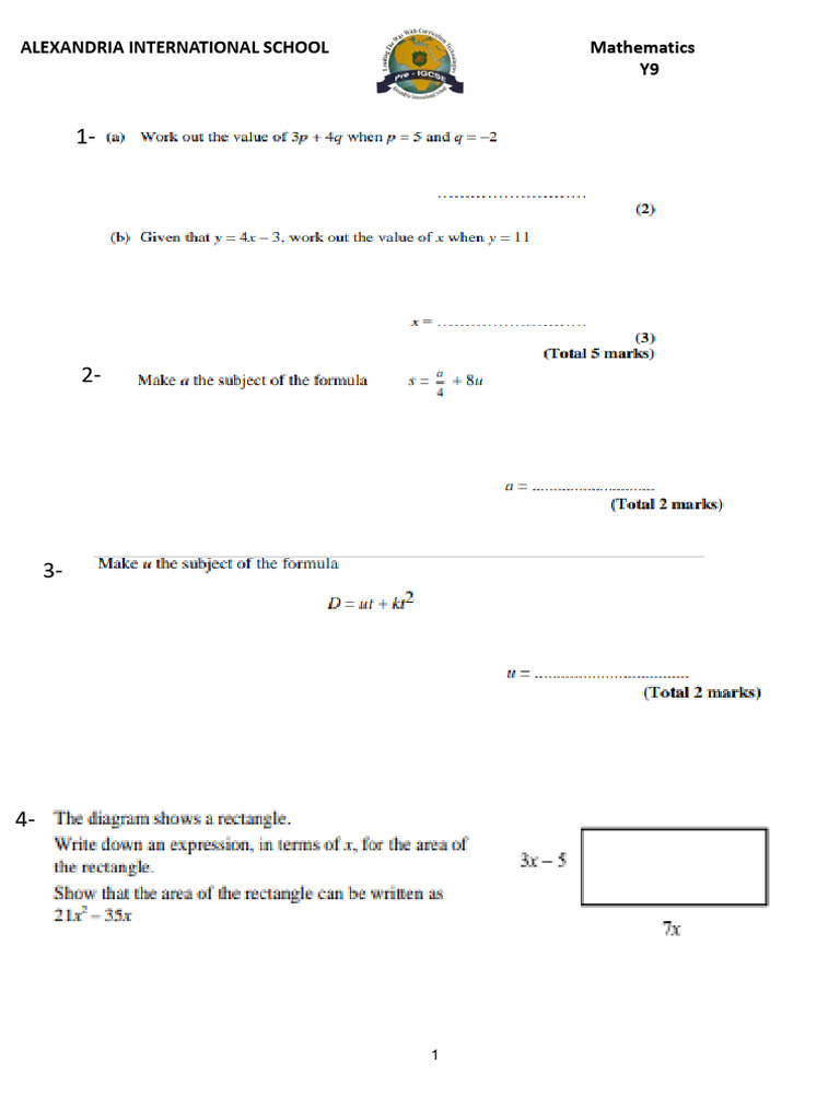 Y9 Algebra Collective Sheet 1 | PDF