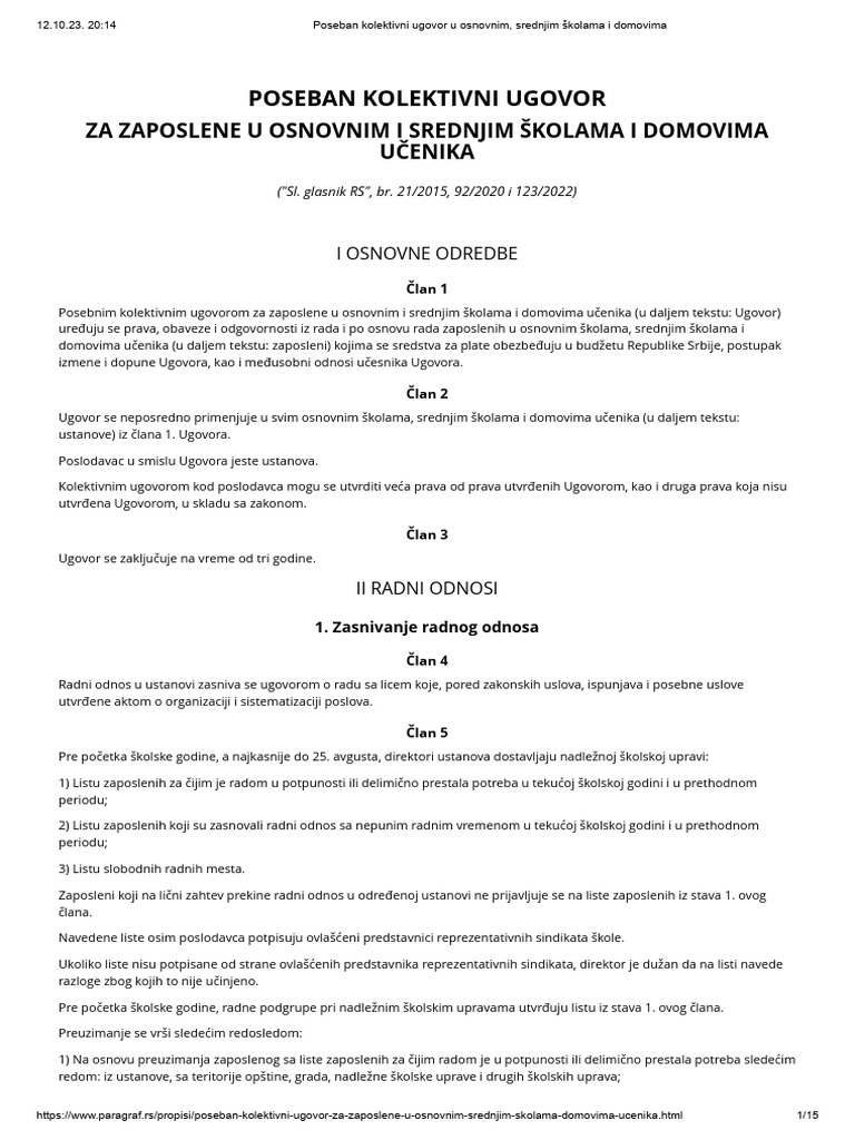 Poseban Kolektivni Ugovor U Osnovnim, Srednjim Školama I Domovima | PDF