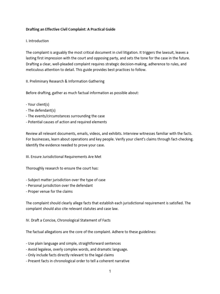 Drafting An Effective Civil Complaint - A Practical Guide | PDF | Legal ...