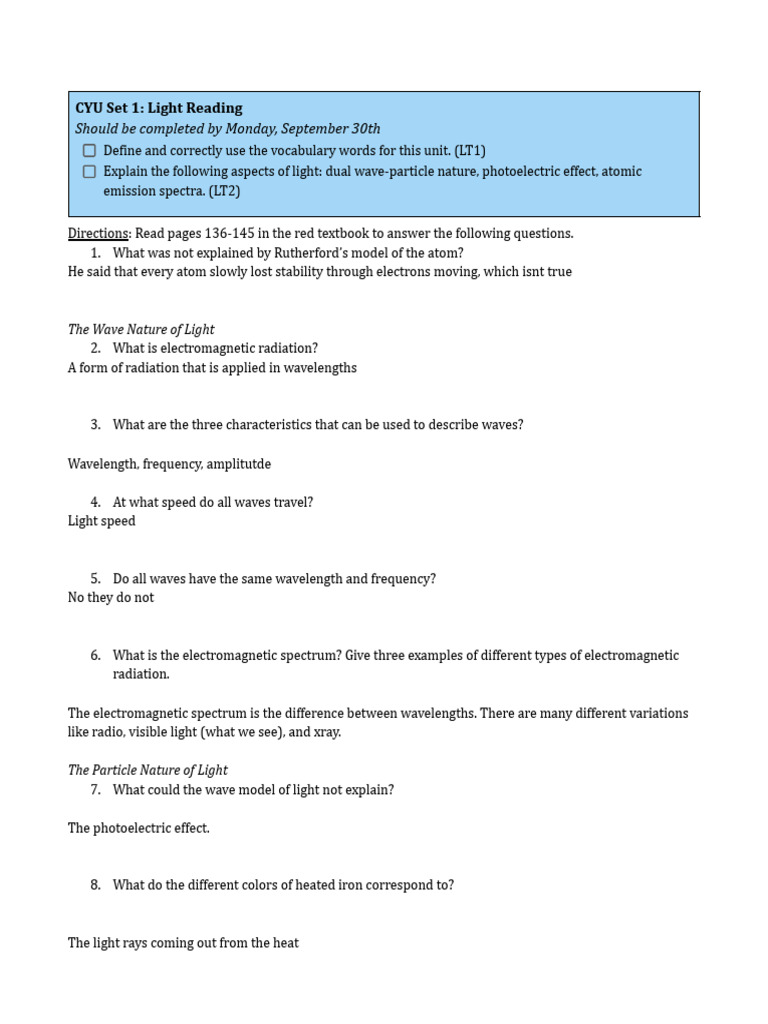 01-Honors Unit 3 CYU Set 1 (Light Reading) | PDF