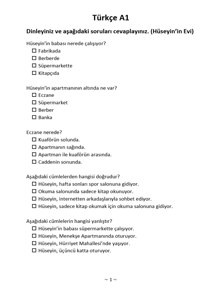 Türkçe A1 Test | PDF