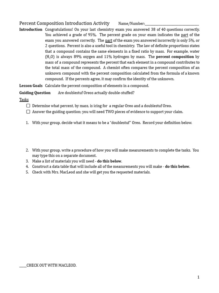 07-Honors Percent Composition Activity | PDF | Mole (Unit) | Chemical ...