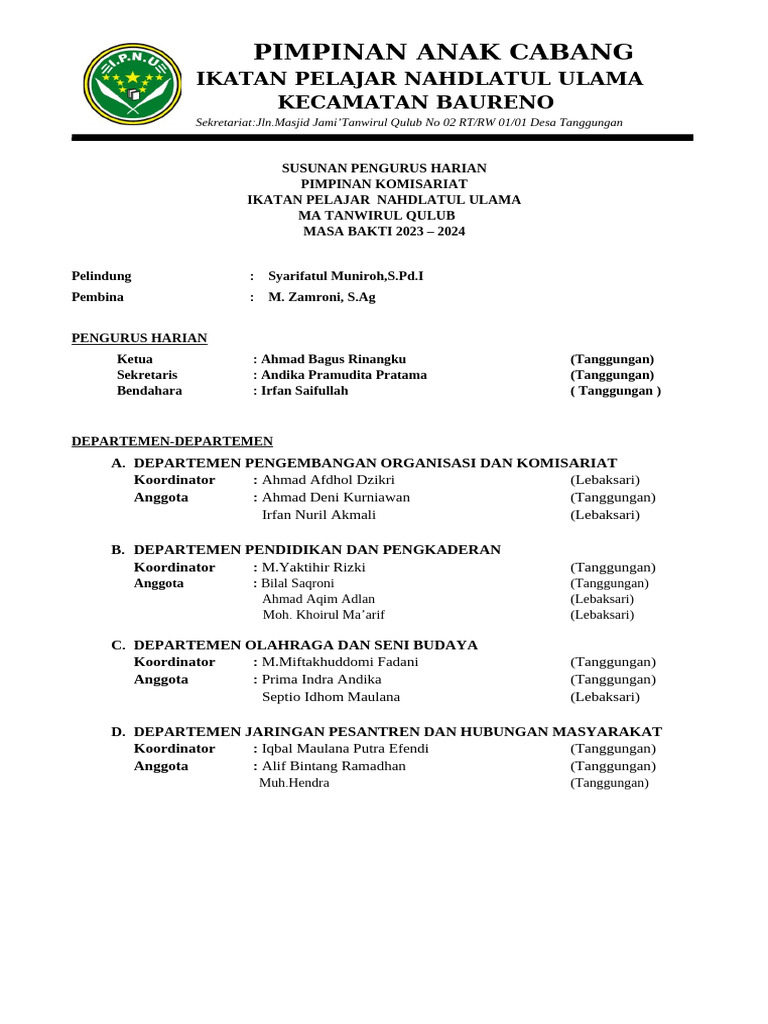 SUSUNAN PENGURUS-1 PK Ipnu | PDF