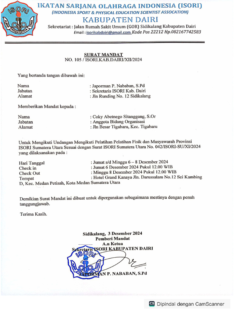 Surat Mandat Musprov Isori Sumut 2024 | PDF
