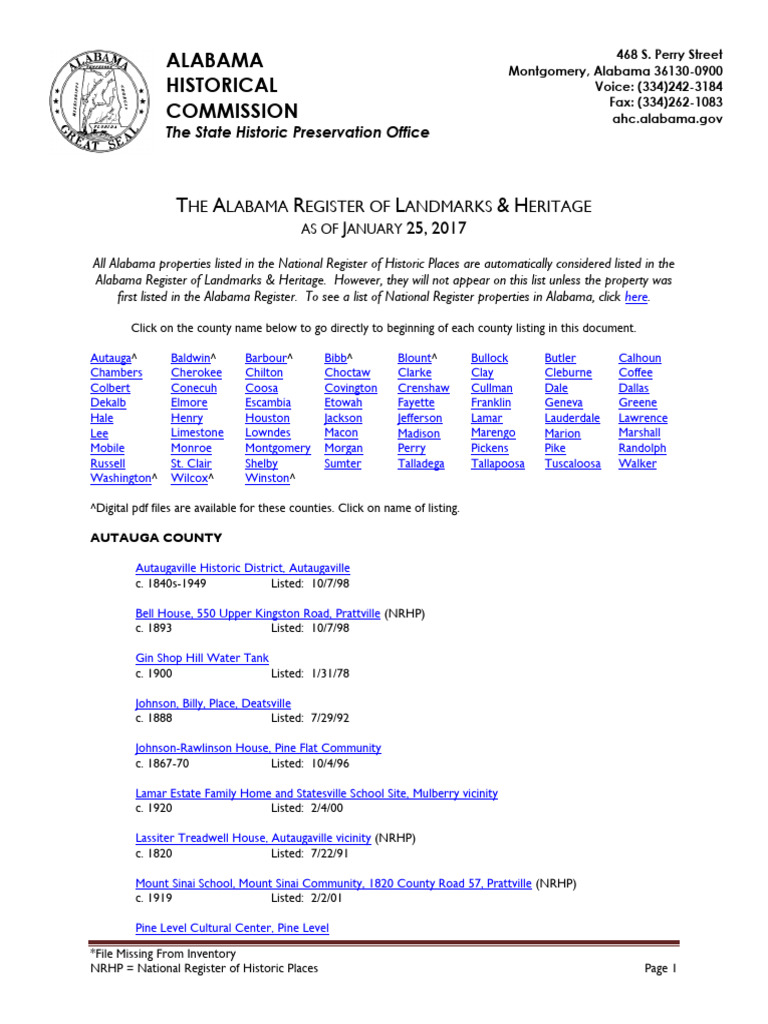 Alabama Historic Landmarks List 2017 | PDF | Alabama