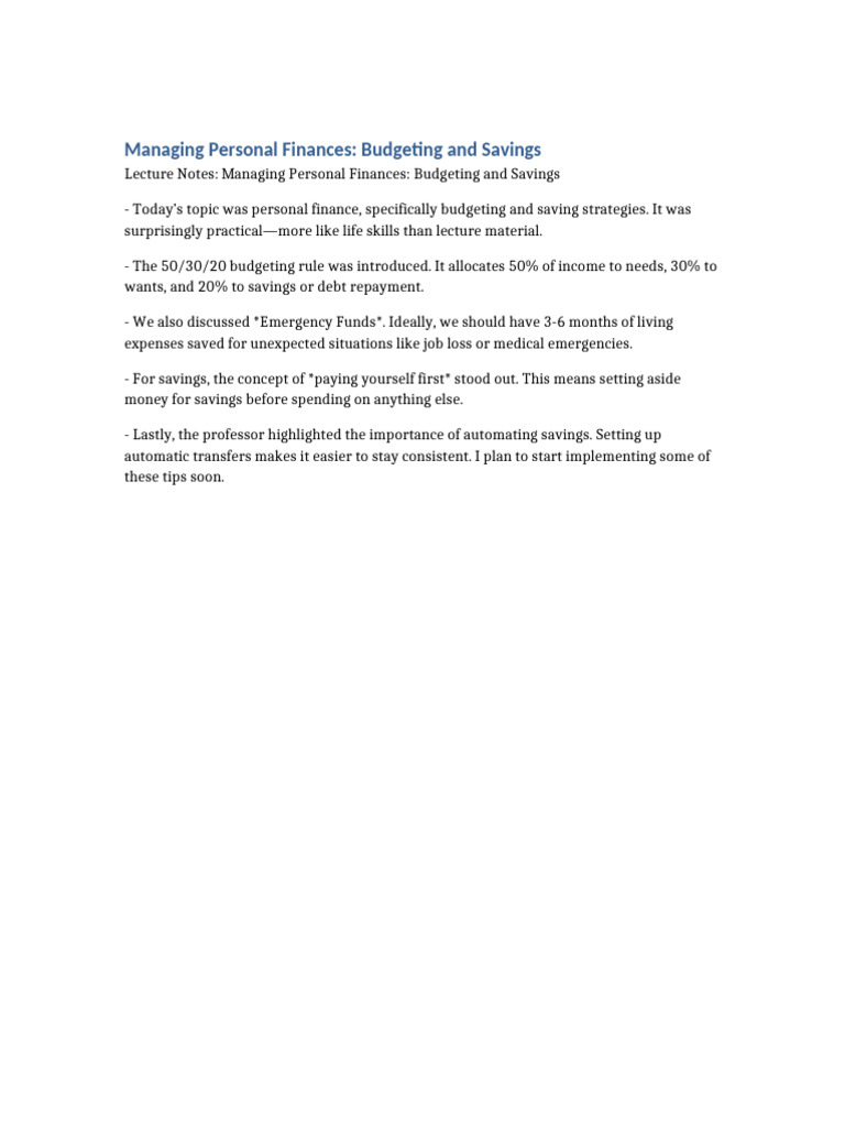 Managing Personal Finances%3A Budgeting and Savings | PDF