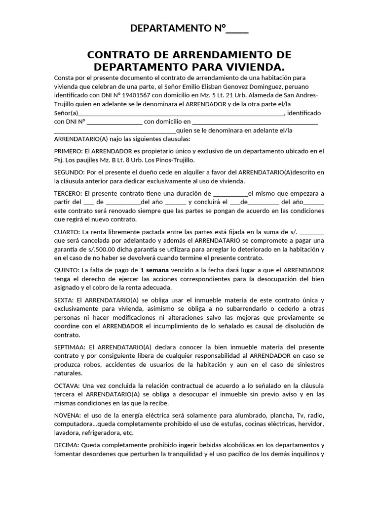 Contrato de Arrendamiento de Departamento para Vivienda | PDF
