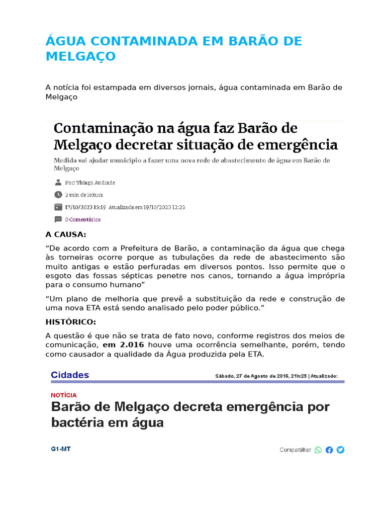 Água Contaminada em Barão de Melgaço | PDF | Águas residuais
