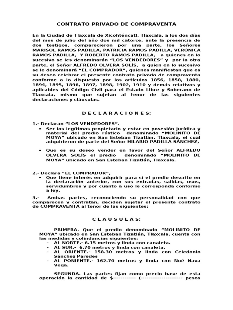 2.- Contrato Privado de Compraventa Molinito de Moya Alfredo Olvera Solís. | PDF | Ley de ...