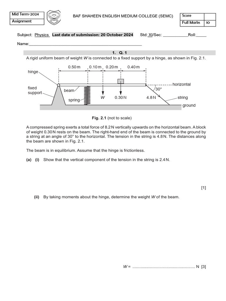 Assignment Mid Term 2024, XI | PDF | Beam (Structure) | Force