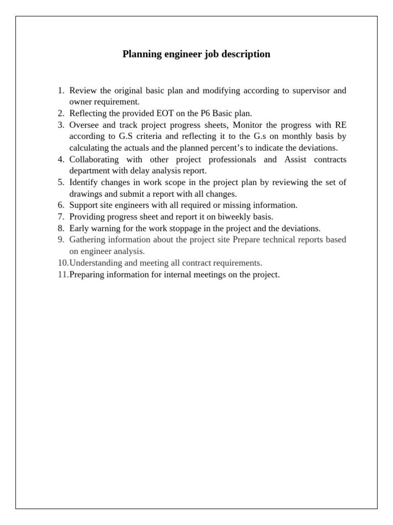 Planning Engineer Job Responsibilities | PDF