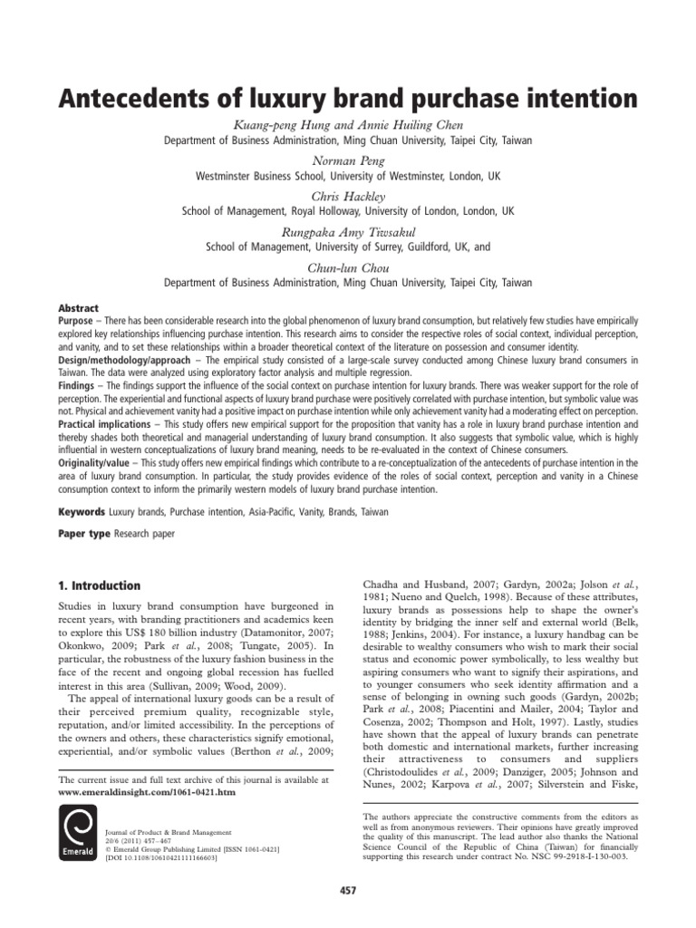 Antecedents of Luxury Brand Purchase Intention | PDF | Brand | Survey ...