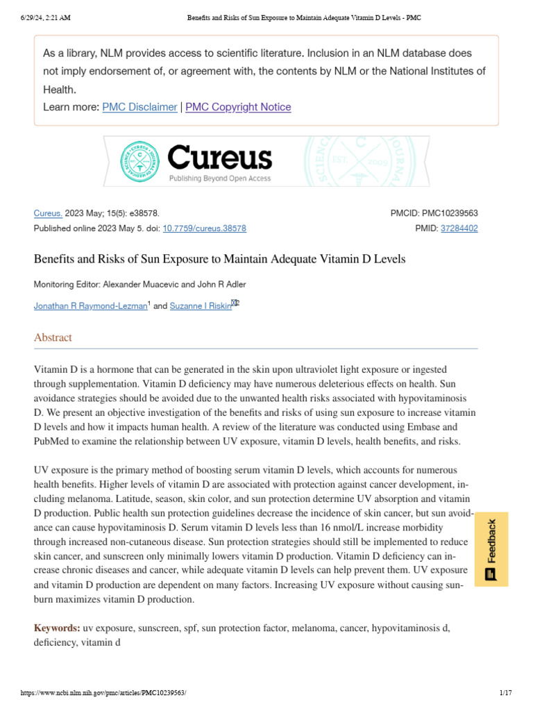Benefits and Risks of Sun Exposure To Maintain Adequate Vitamin D ...