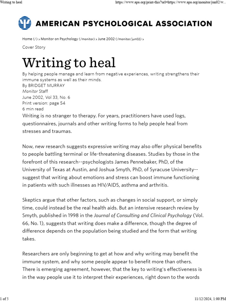 Writing To Heal - Bridget Murray - APA.06.2002.No.6 | PDF ...