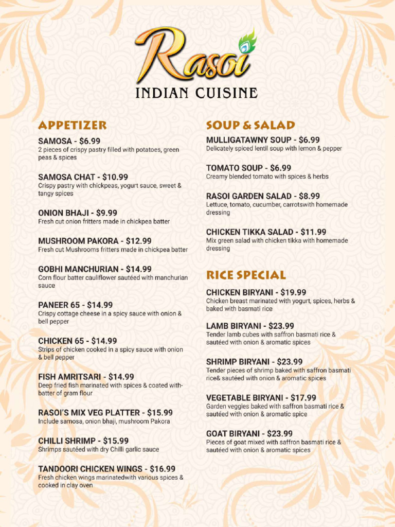 Rasoi Food Menu 2023 | PDF