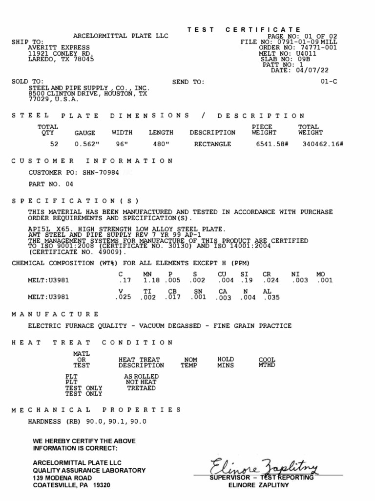 ArcelorMittal Steel Plate Certificate | PDF | Building Materials ...