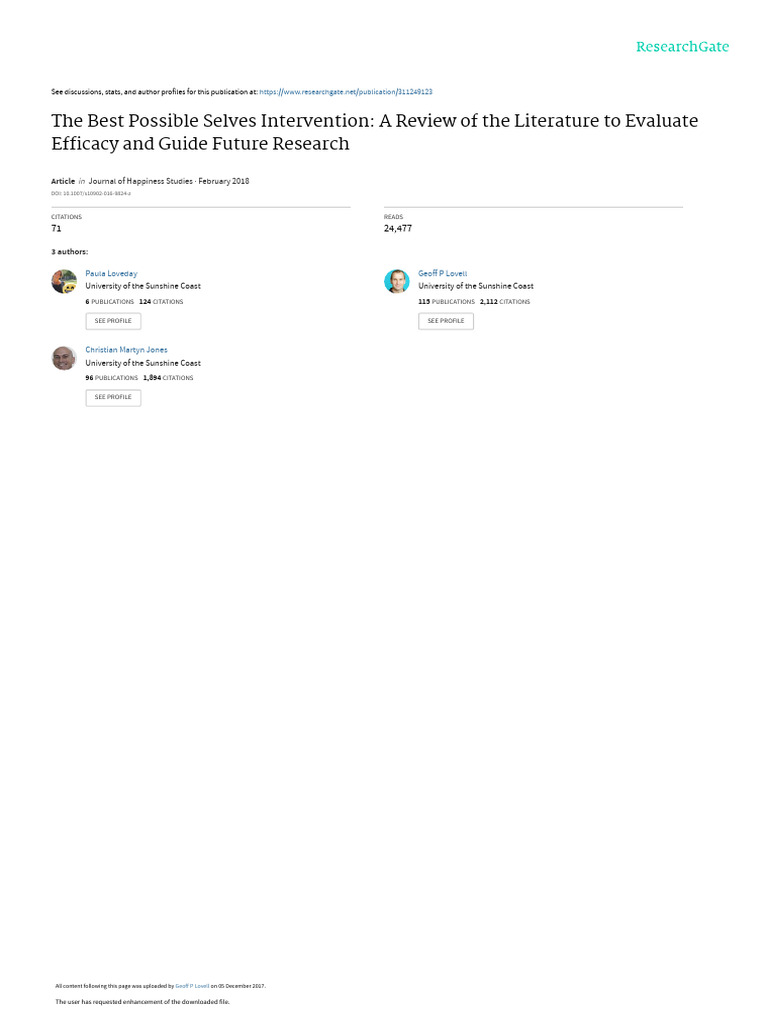 The Best Possible Selves Intervention - A Review of The Literature To ...