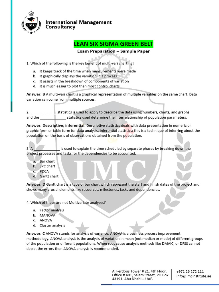 IMC - LSSGB Question Bank 2 | PDF | Analysis Of Variance | Six Sigma