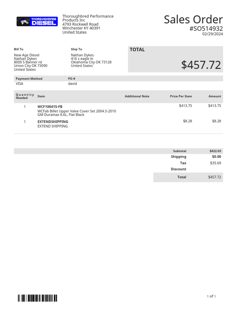 WC Fab Valve Covers Invoice | PDF