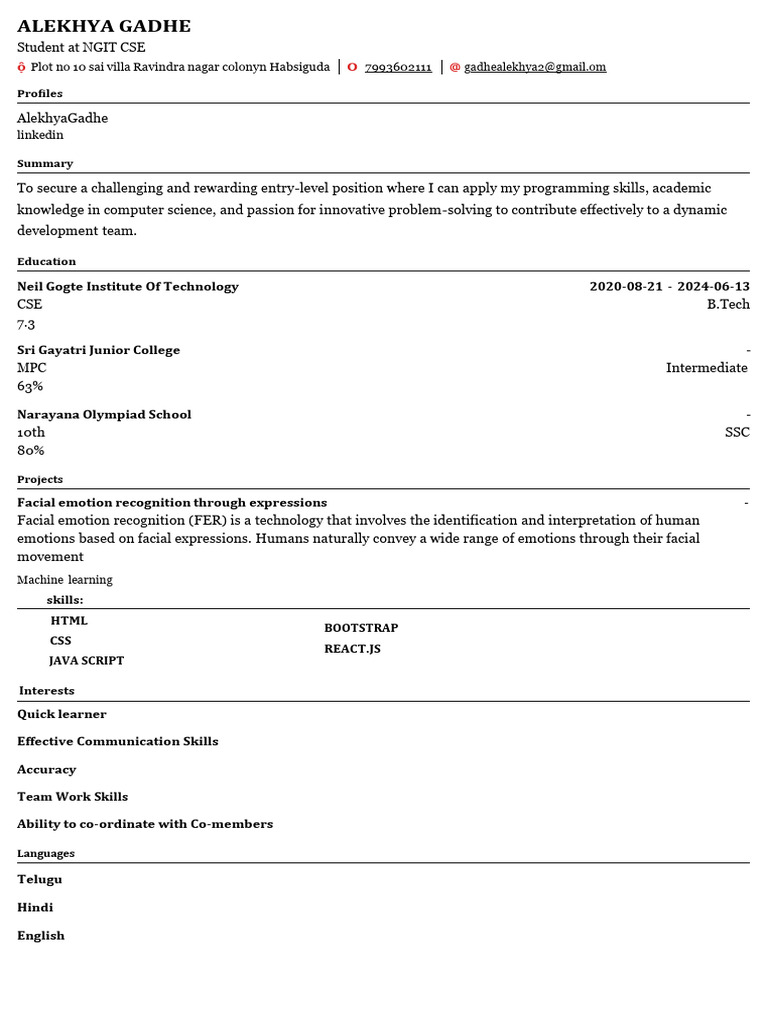 Entry-Level CSE Student with FER Project | PDF