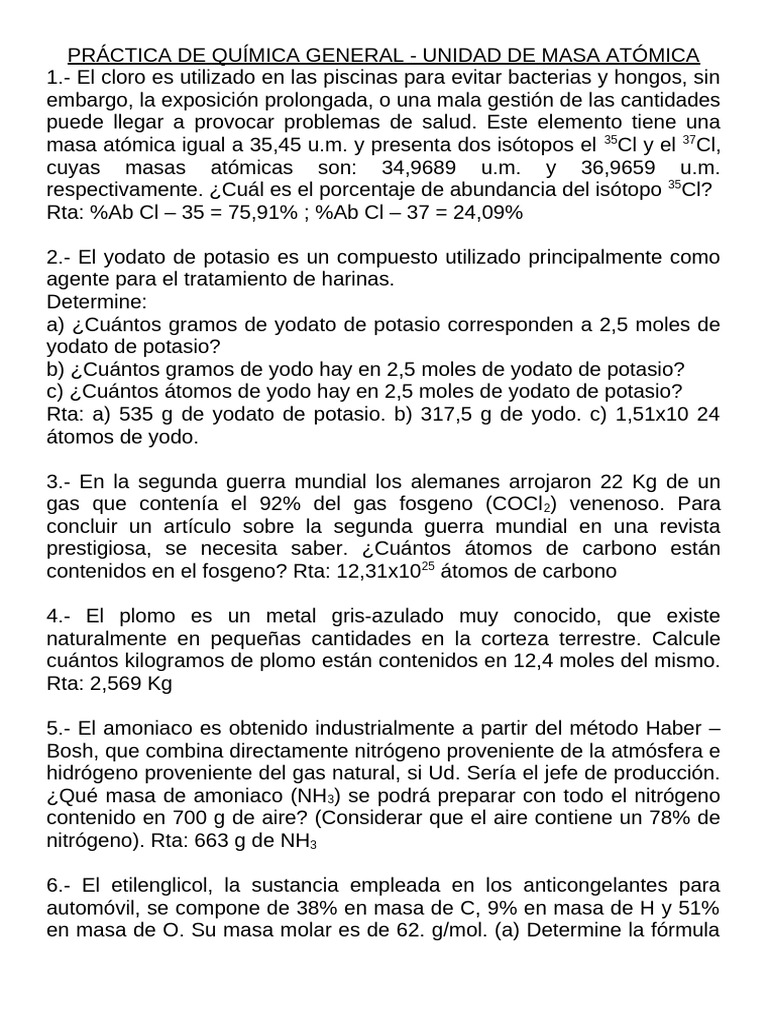 Practica de Unidades de Masa Quimica | PDF | Cloro | Yodo