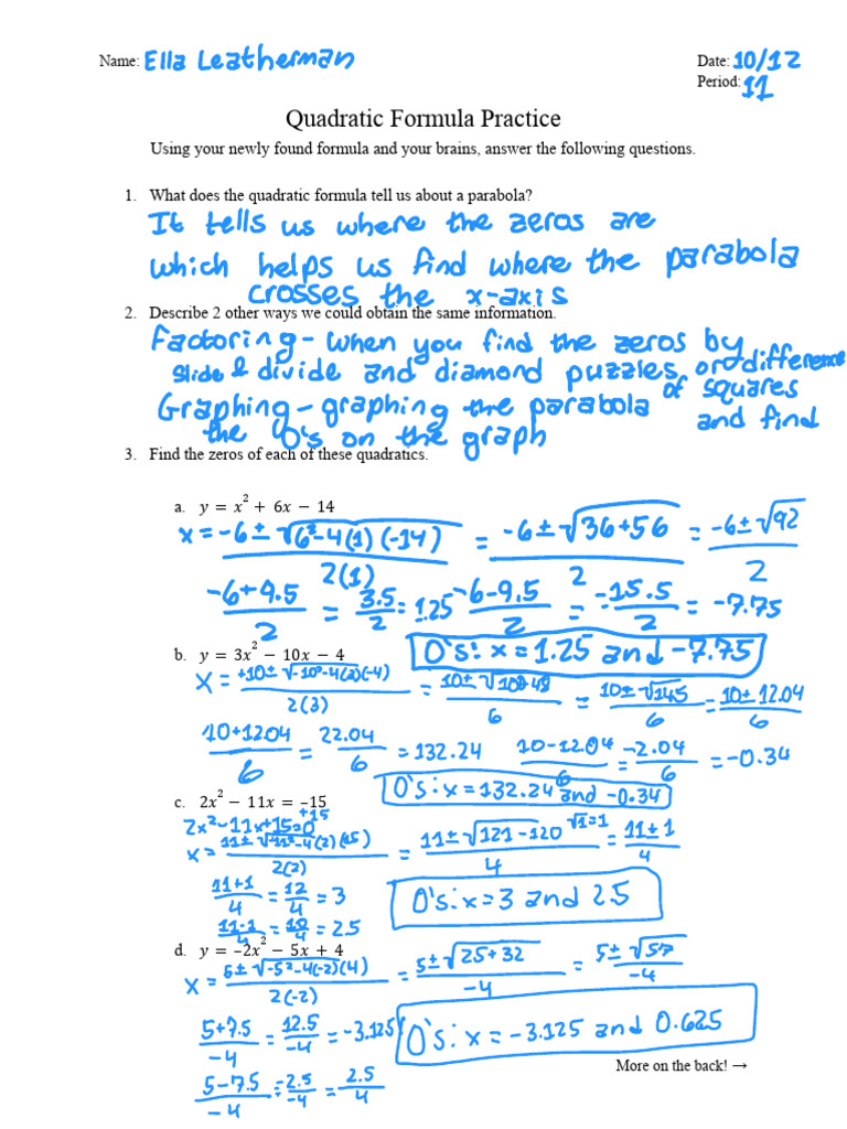 Quadratic Formula Practice (Video Explanation) | PDF