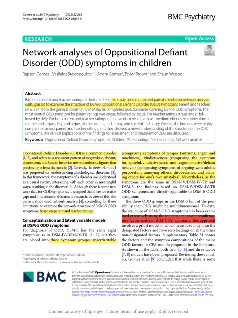 Network Analyses of Oppositional Defiant Disorder | PDF | Creative Commons License | Attention ...
