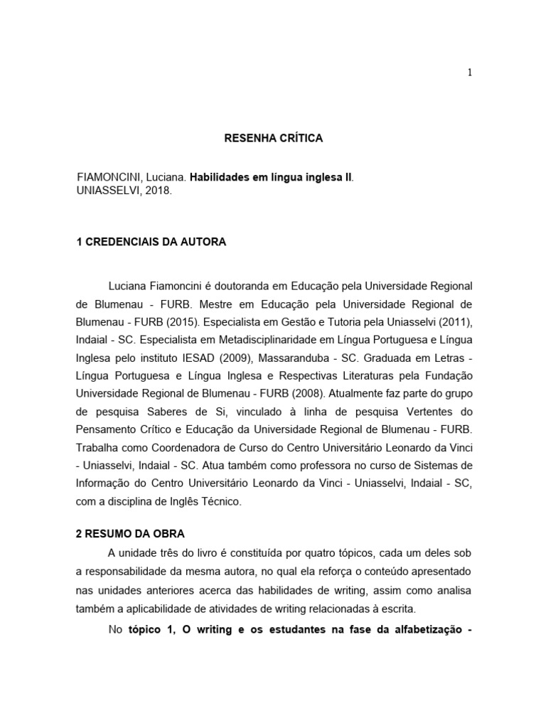 Modelo de RESENHA CRITICA | PDF | Aprendizado | Alfabetização