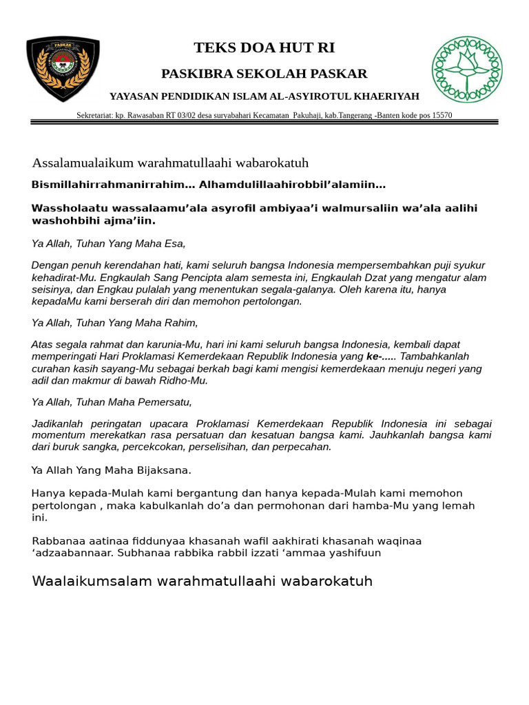 TEKS DOA HUT RI | PDF