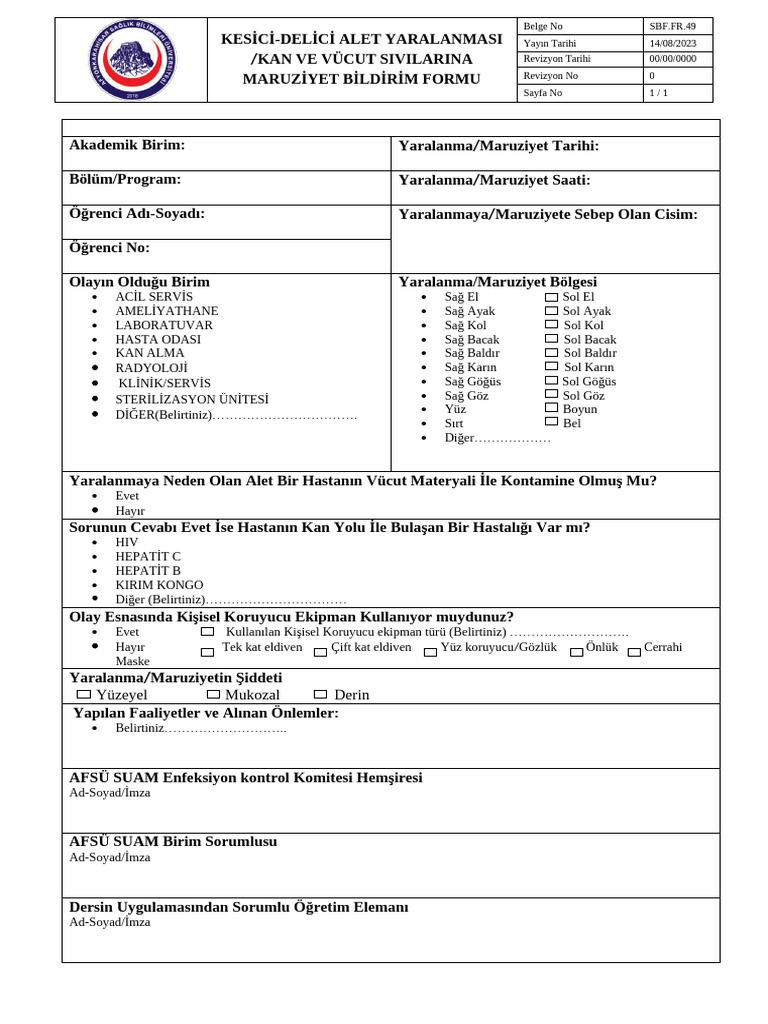 .49 Kesici Delici Alet Kan Ve Vucut Sivilarina Maruziyet Bildirim Formu ...