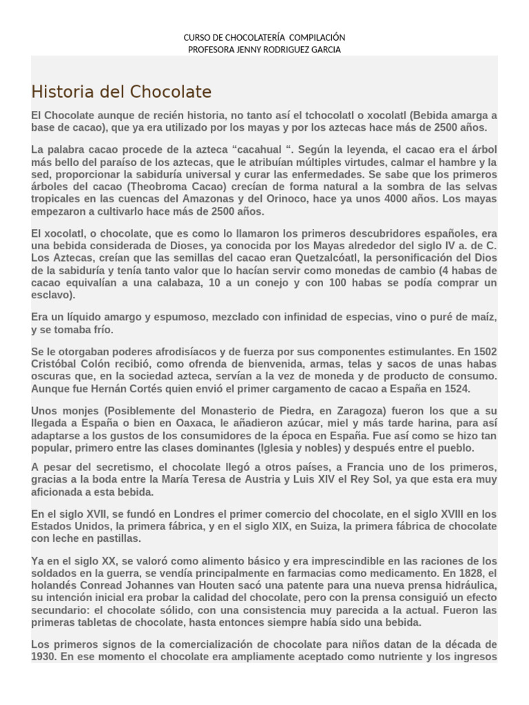 HISTORIA DEL CHOCOLATE | PDF | Chocolate | Alimentos