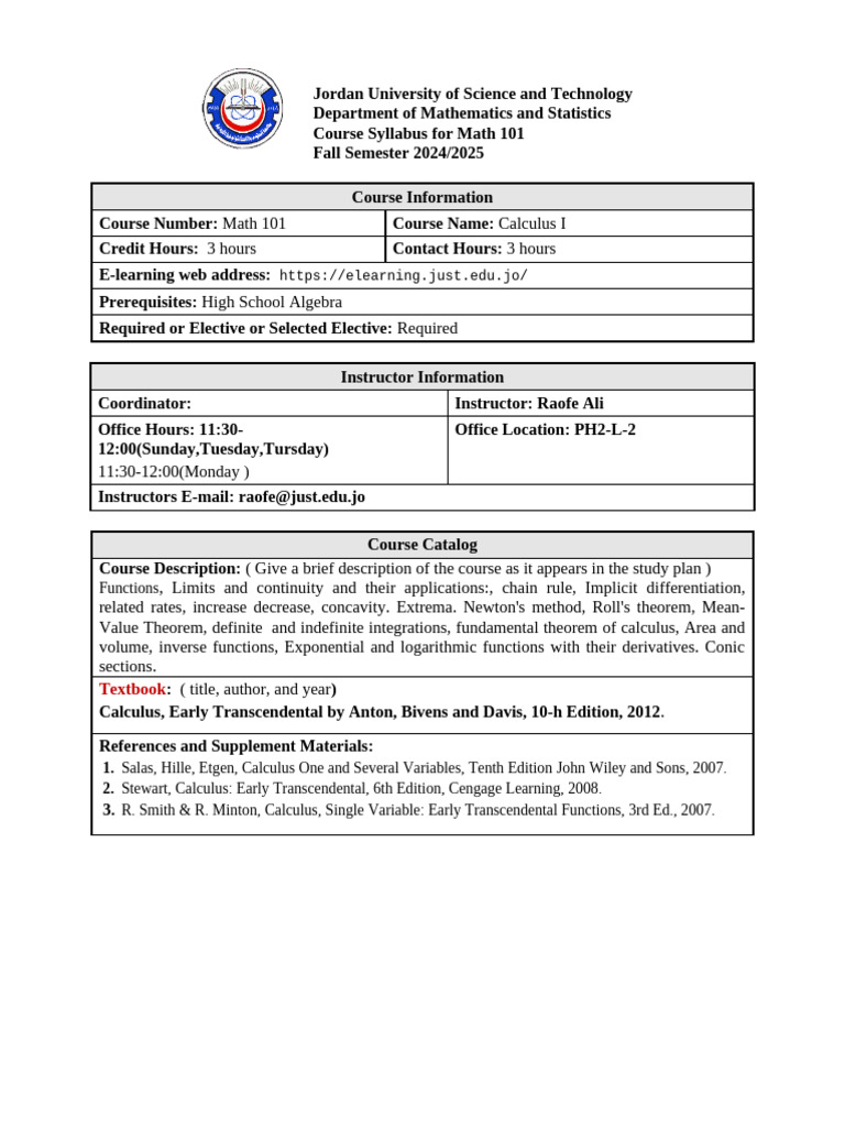 Calculus I Syllabus for Students | PDF | Integral | Function (Mathematics)