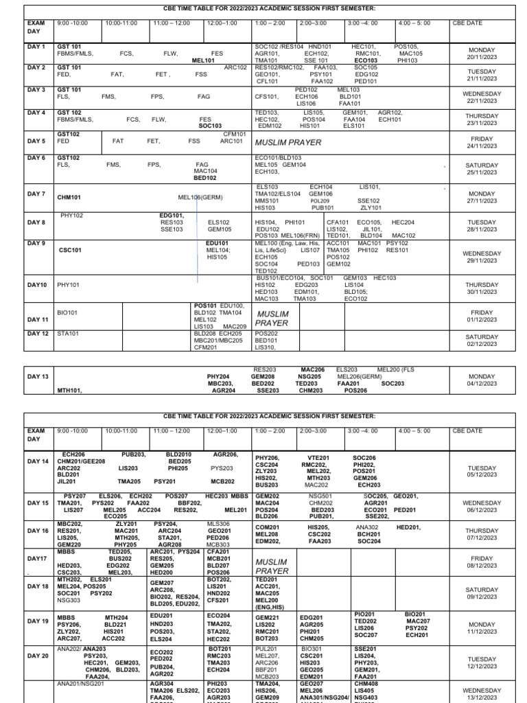 Proposed Cbe Time Table For 2022 - 2023 Academic Ses - 231115 - 153442 ...