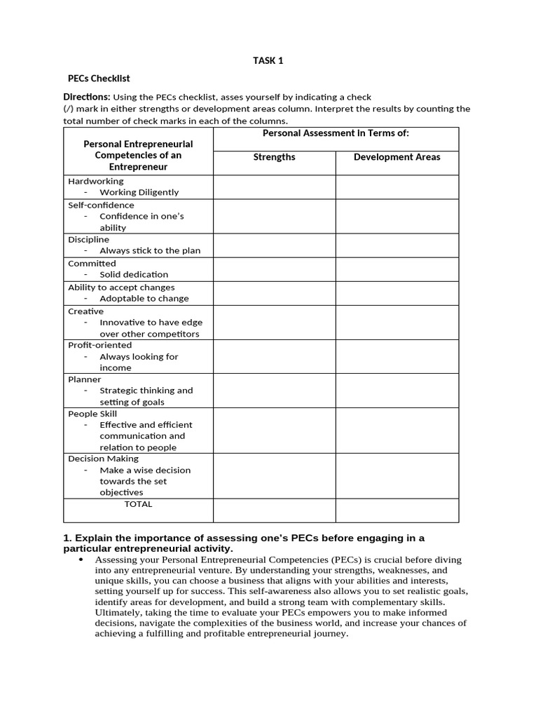 PECs-Checklist-Task 1&2 | PDF | Entrepreneurship | Psychological Resilience