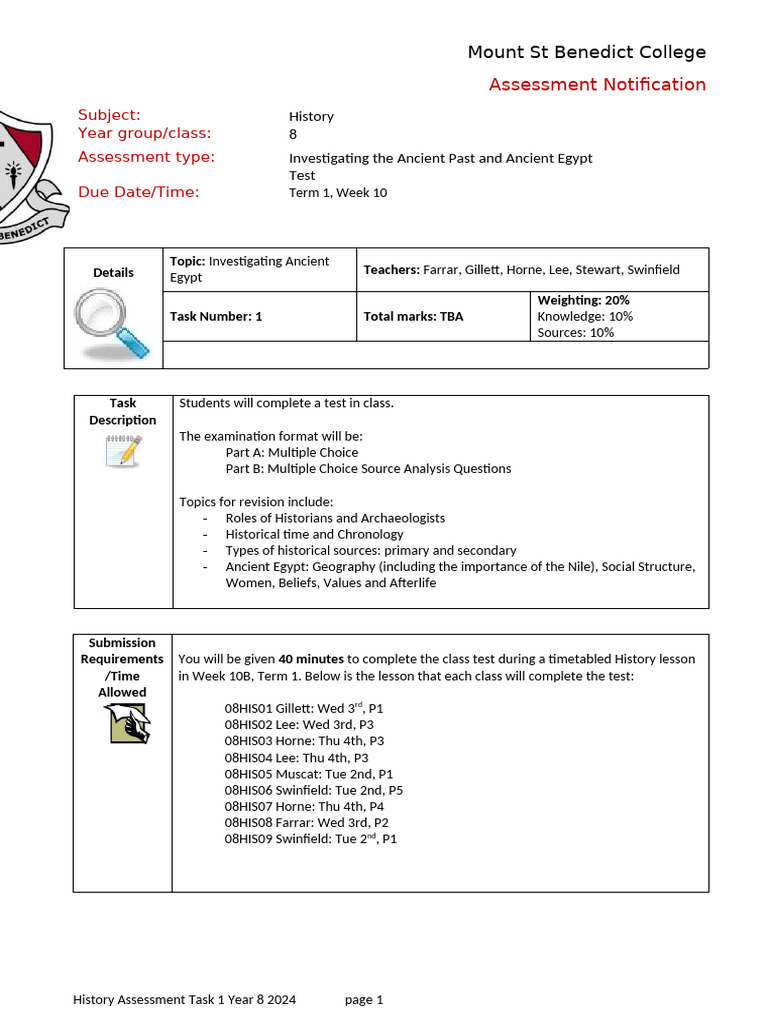 2024 Year 8 UPDATED History Assessment 1 Notification | PDF