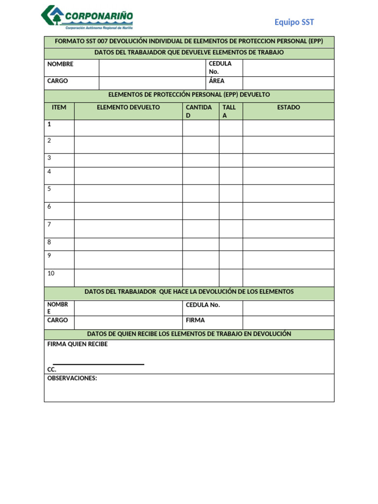 Formato SST 007 Formato Devolución Epps | PDF