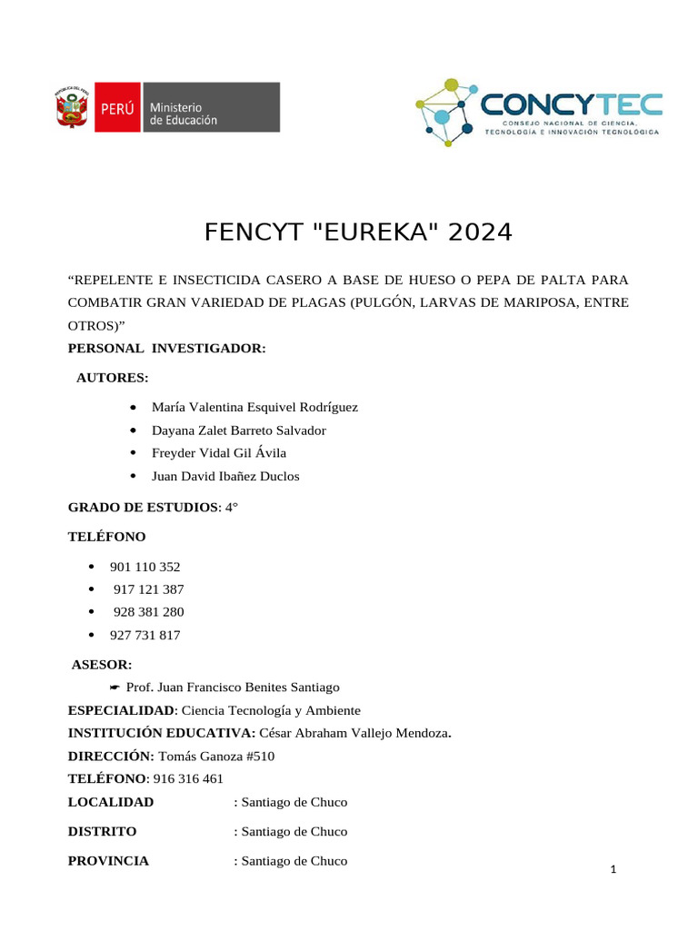 Fencyt "Eureka" 2024: Personal Investigador: Autores | PDF | Insecticida | Insectos