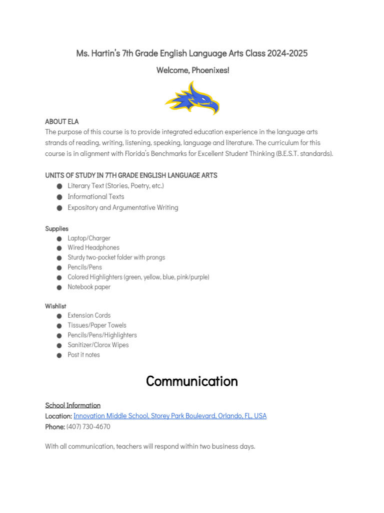 Hartin 24-25 7th Grade ELA Syllabus 2 | PDF | Classroom | English Studies