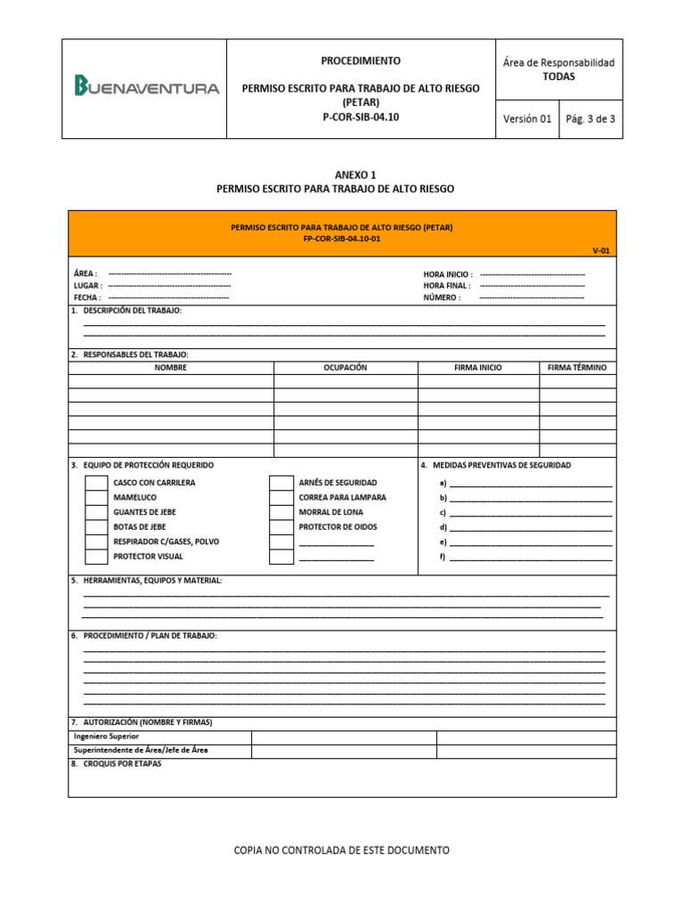 Permiso Escrito para Trabajos de Alto Riesgo (PETAR) | PDF